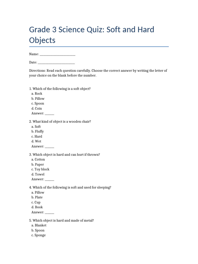 Grade 3 Quiz: Hard vs. Soft Objects | PDF