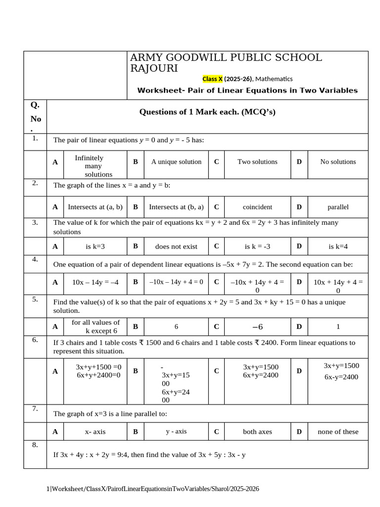 Class X Linear Equations Worksheet | PDF | System Of Linear Equations ...