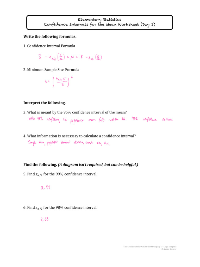 4.1a Confidence Intervals For The Mean (Day 1 - Large Samples) Ashley Spencer Worksheet | PDF ...