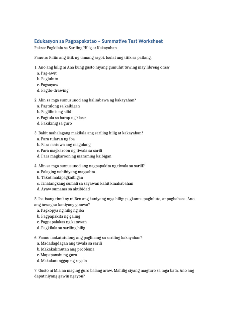 ESP Summative Worksheet | PDF