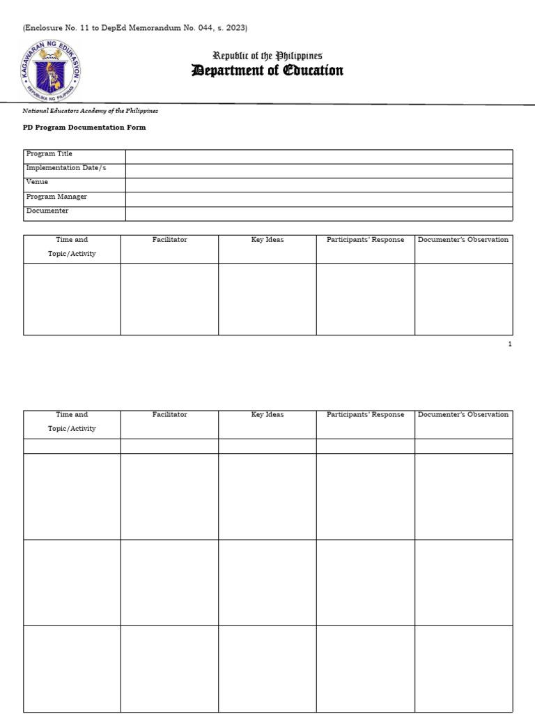 For DOCUMENTERS - Enc 11 PD Program Documentation Form | PDF