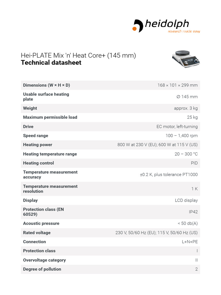Hei-PLATE Mix 'n' Heat Core+ Specs | PDF