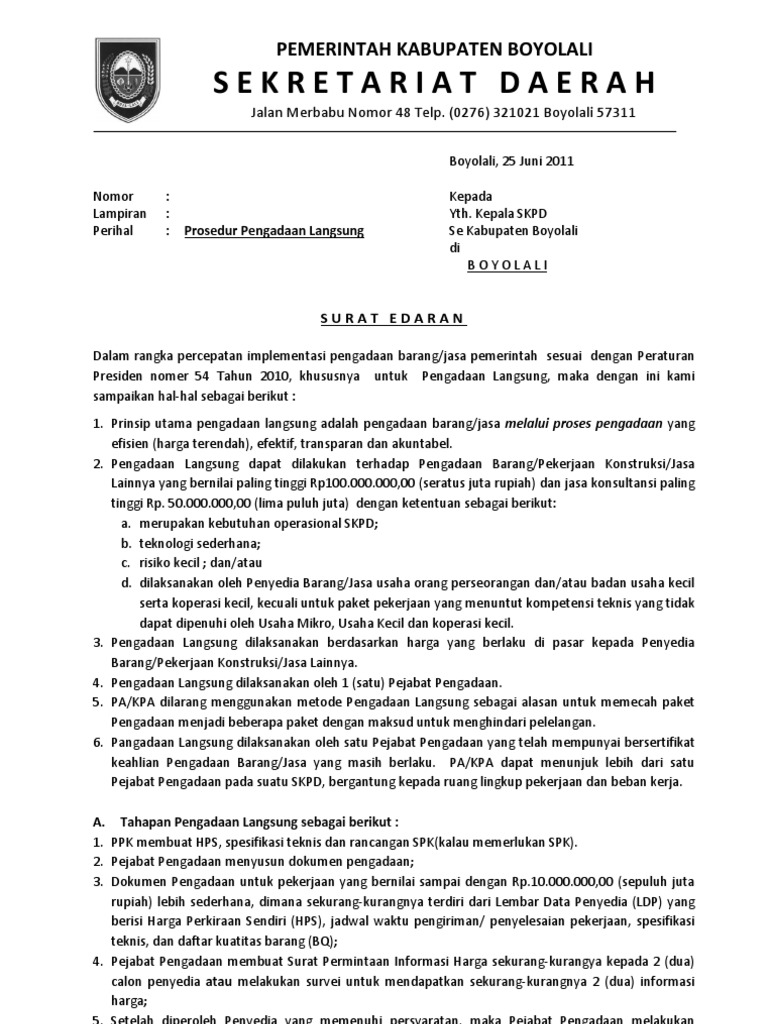 Surat Edaran Setda Pengadaan Langsung | PDF | Hukum