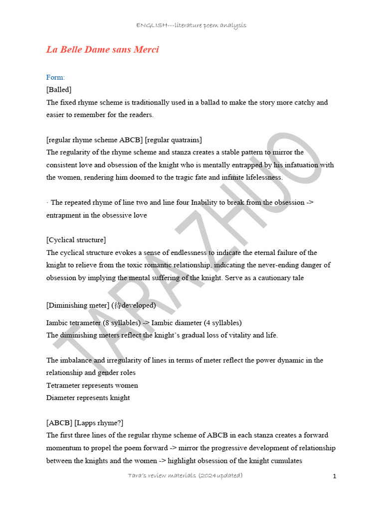 La Belle Dame Sans Merci Analysis | PDF | Metre (Poetry) | Poetry