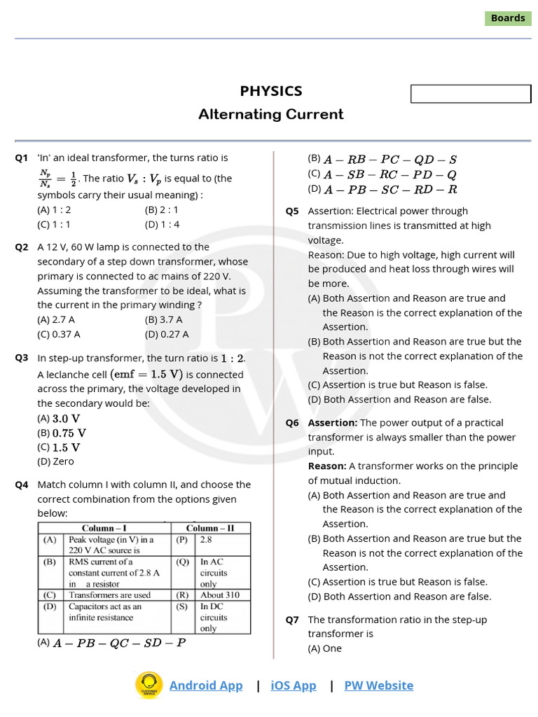 Alternating Current - Assignment 01 - Parishram 2026 | PDF | Transformer | Alternating Current