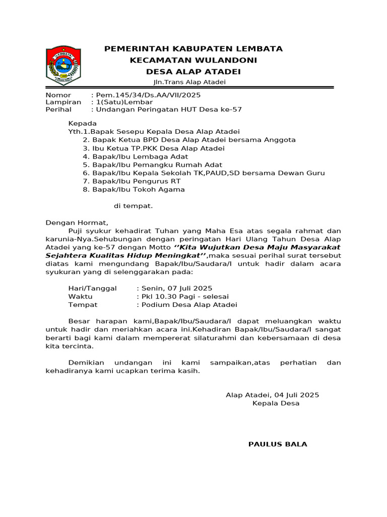 Undangan HUT Desa Alap Atadei ke-57 | PDF