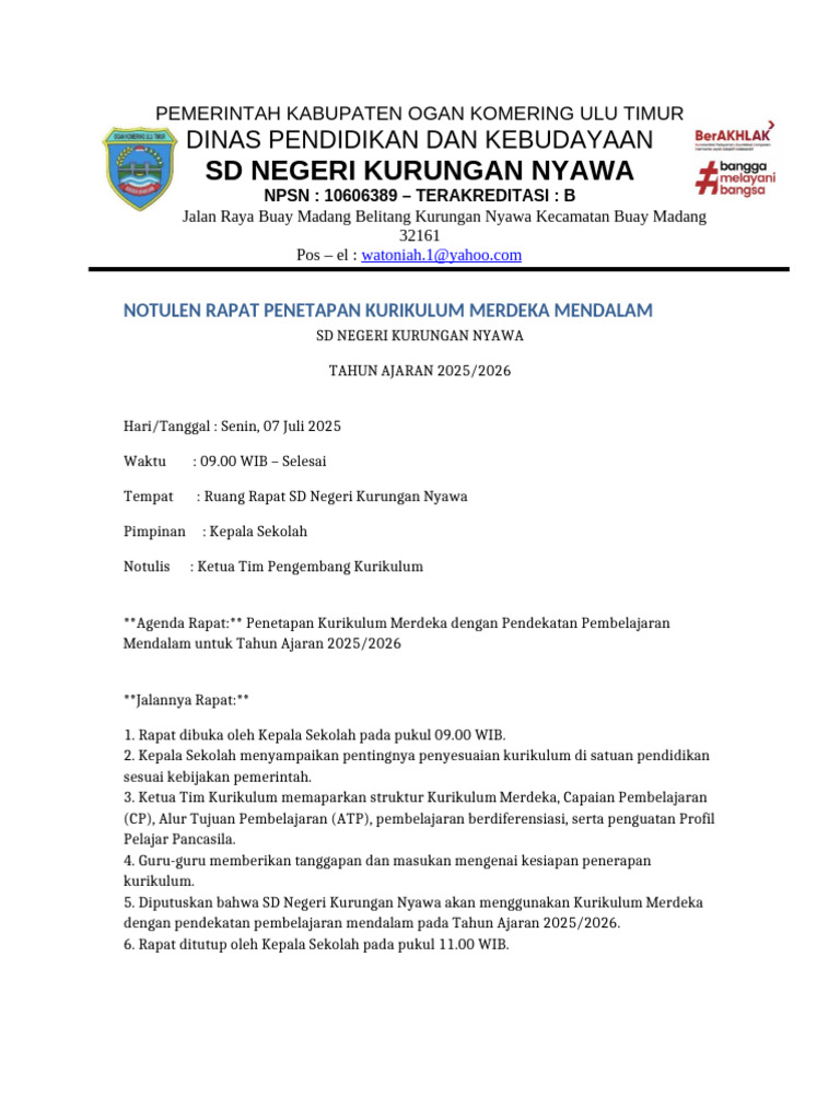 Notulen Rapat Kurikulum Merdeka SD 2025 | PDF