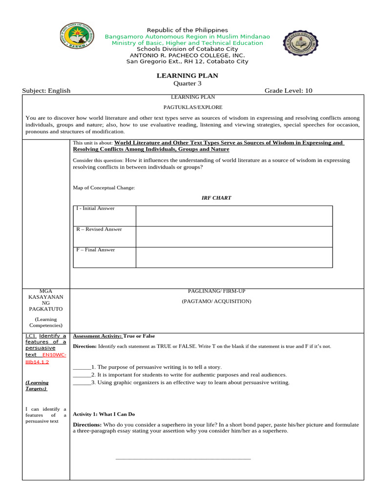 Grade 10 English Learning Plan: World Literature | PDF | Methodology ...