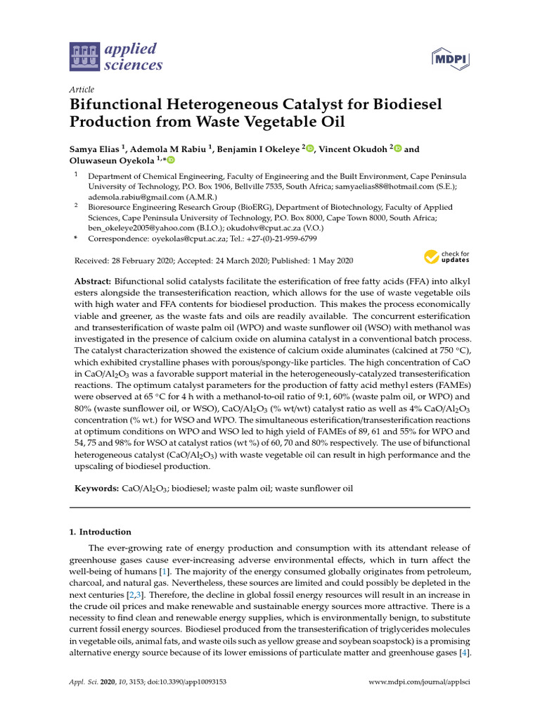 Bifunctional Heterogeneous Catalyst For Biodiesel | PDF | Biodiesel | Ester