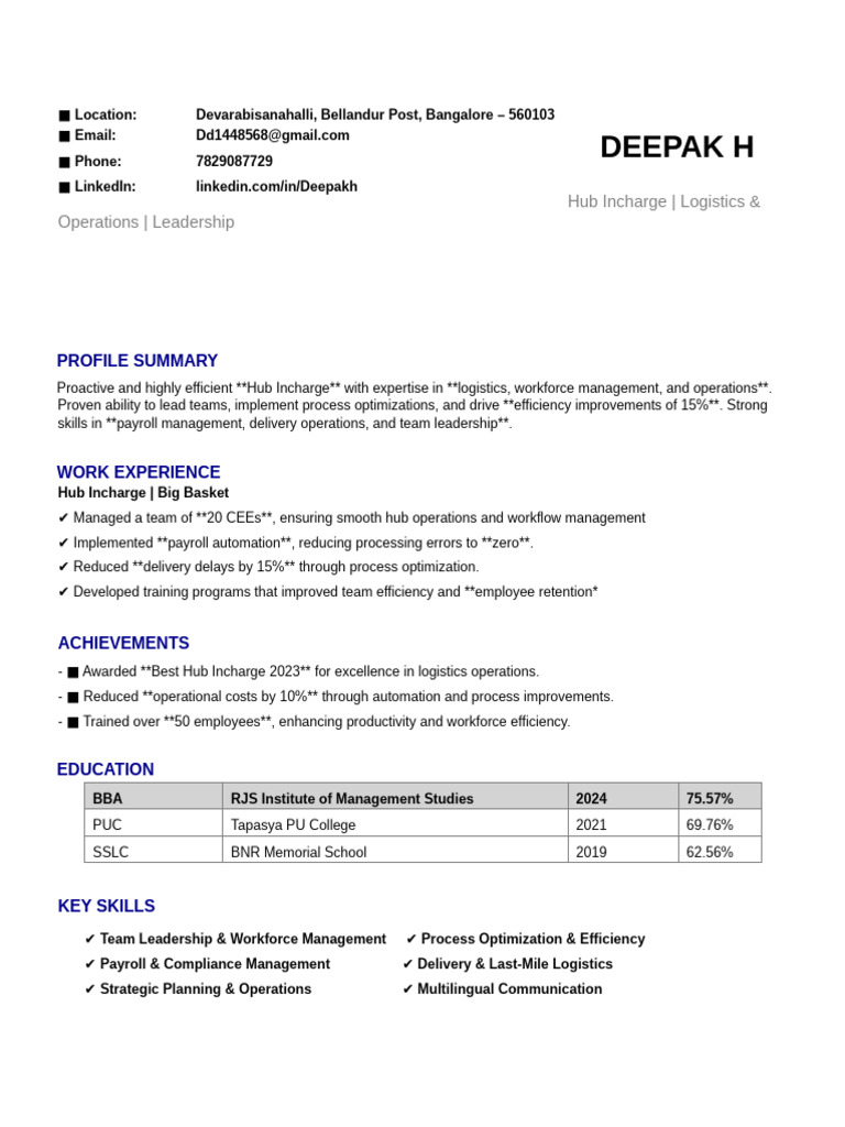 Deepak H Resume | PDF