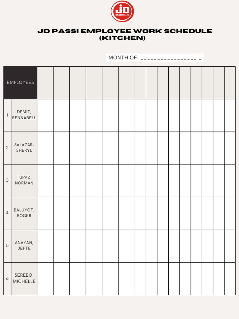 Beige and White Minimalist Employee Work Schedule Planner A4 Document | PDF