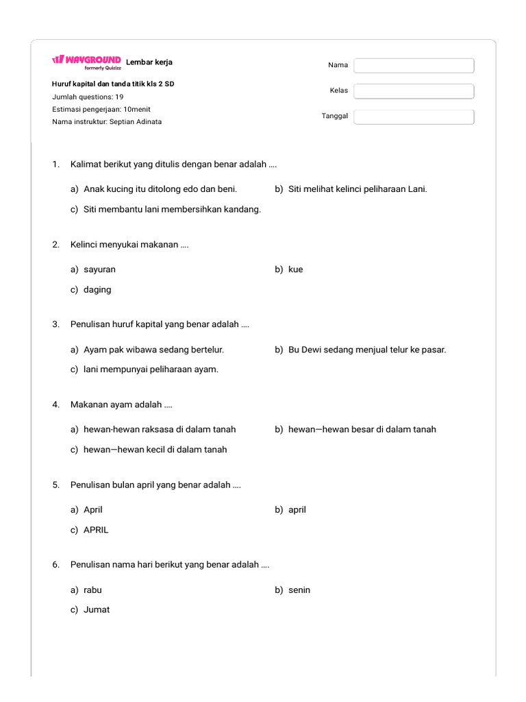 Huruf Kapital Dan Tanda Titik Kls 2 SD - Wayground | PDF