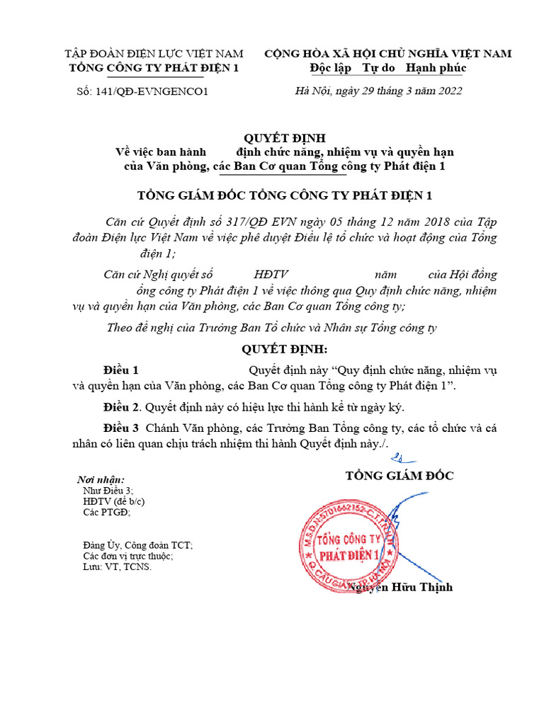 QĐ Ban Hành Quy Dinh CNNVQH VP, Cac Ban GENCO1 - Final | PDF