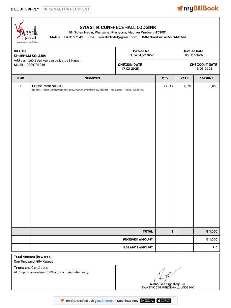 Swastik Conference Hall Invoice 897 | PDF
