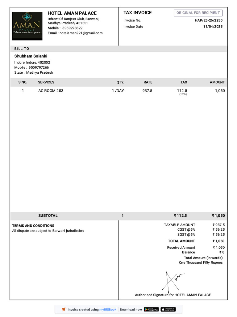 HAP 25-26-2250-Sales Invoice-Shubham Solanki | PDF