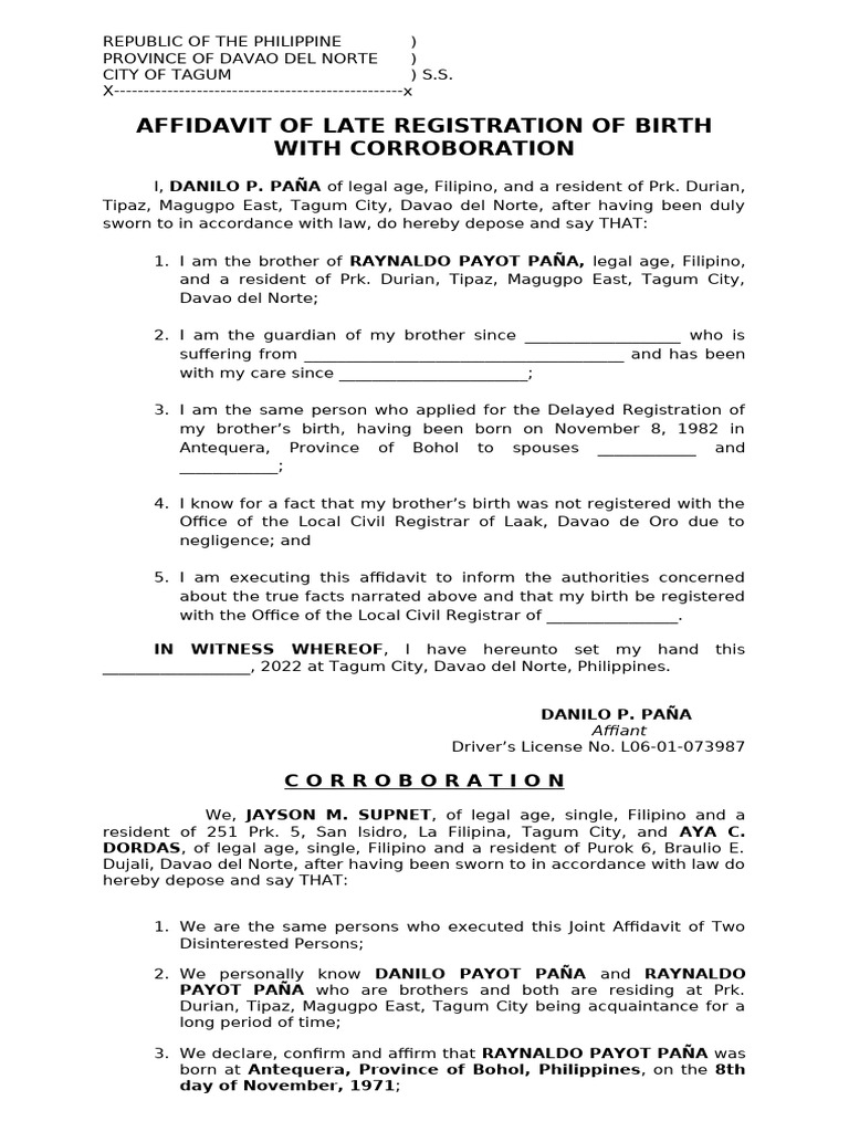 Affidavit for Late Birth Registration | PDF | Affidavit | Legal Procedure
