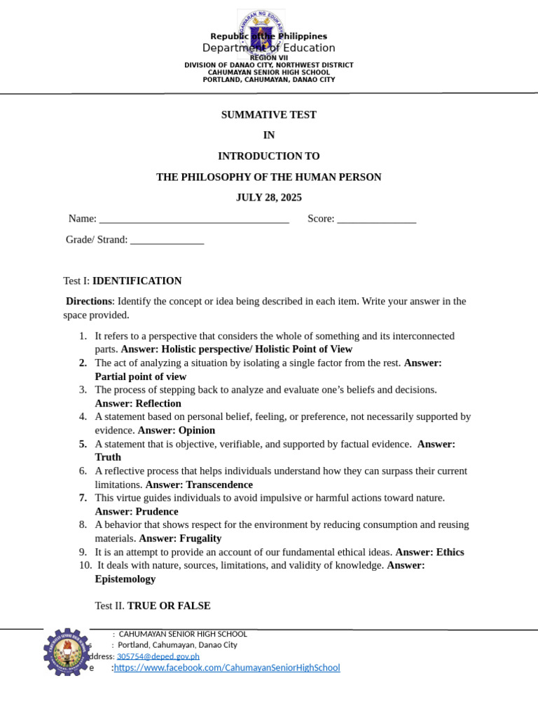 Summative Test on Philosophy Concepts | PDF | Truth | Epistemology