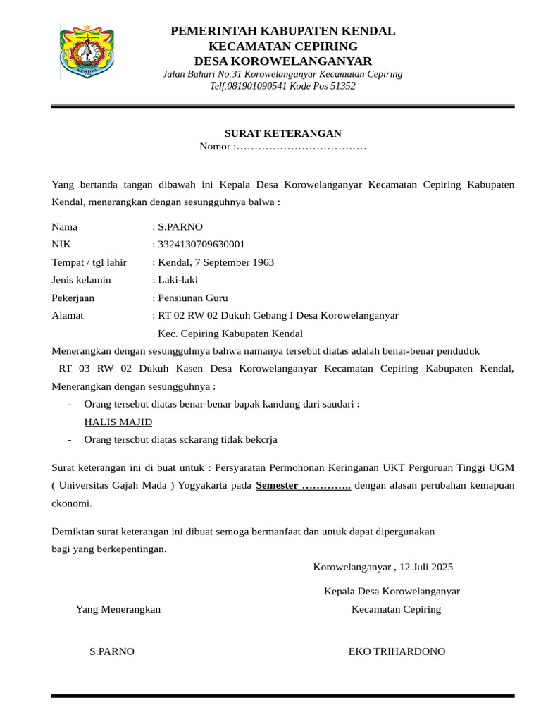 Surat Pernyataan Keringanan Ukt | PDF