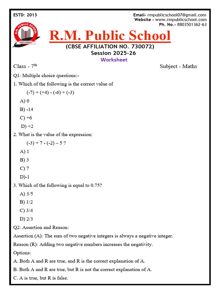 Worksheet For 7th Class | PDF
