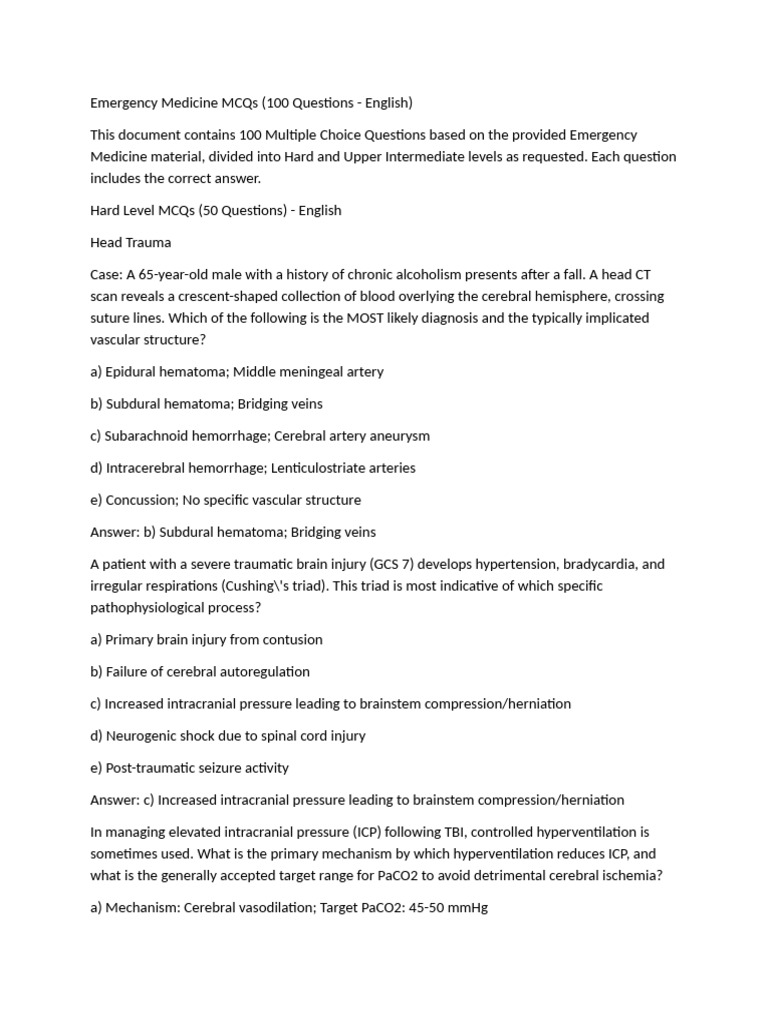 Emergency Medicine MCQs with Answers | PDF | Shock (Circulatory ...