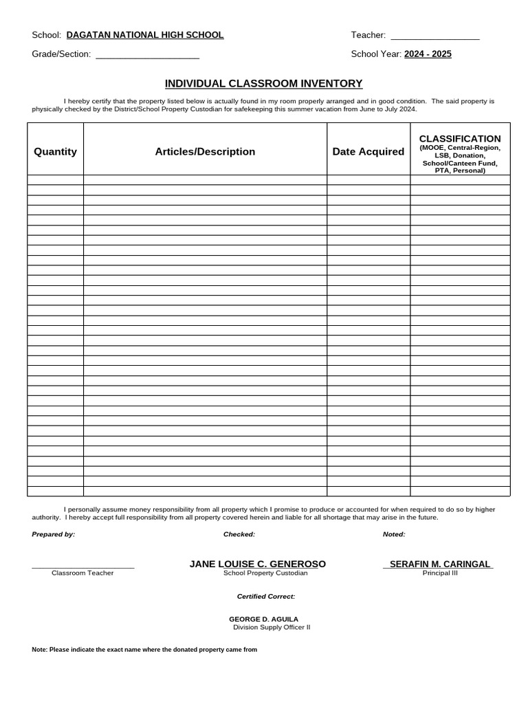 Classroom Inventory 2024 2025 | PDF