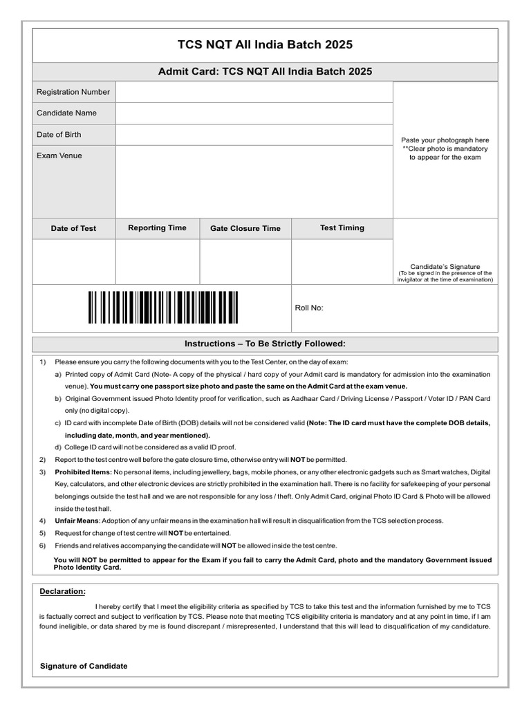 TCS NQT 2025 Admit Card Details | PDF | Identity Document | Authentication