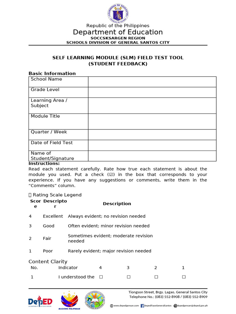 Student Feedback - SLM - Field Test - MOnitoring Tools | PDF ...