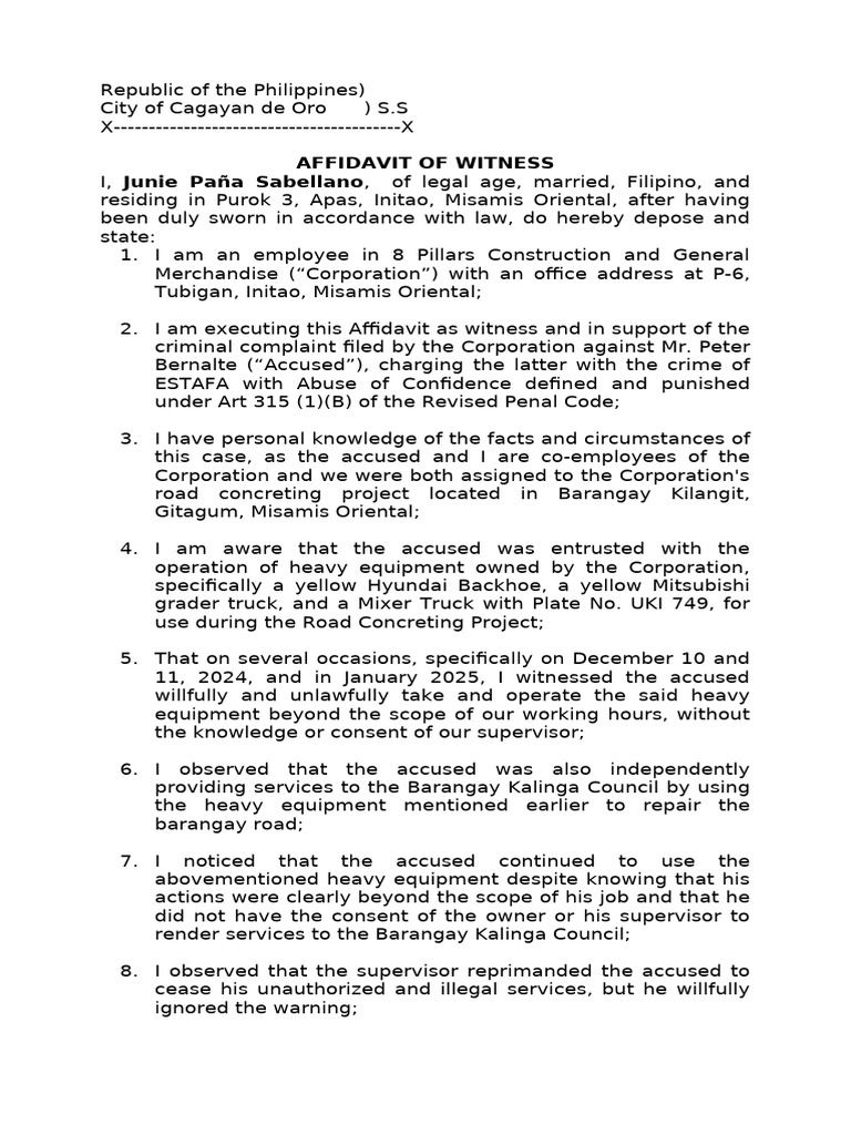 Affidavit of Witnesses - 8pillars | PDF | Affidavit | Justice