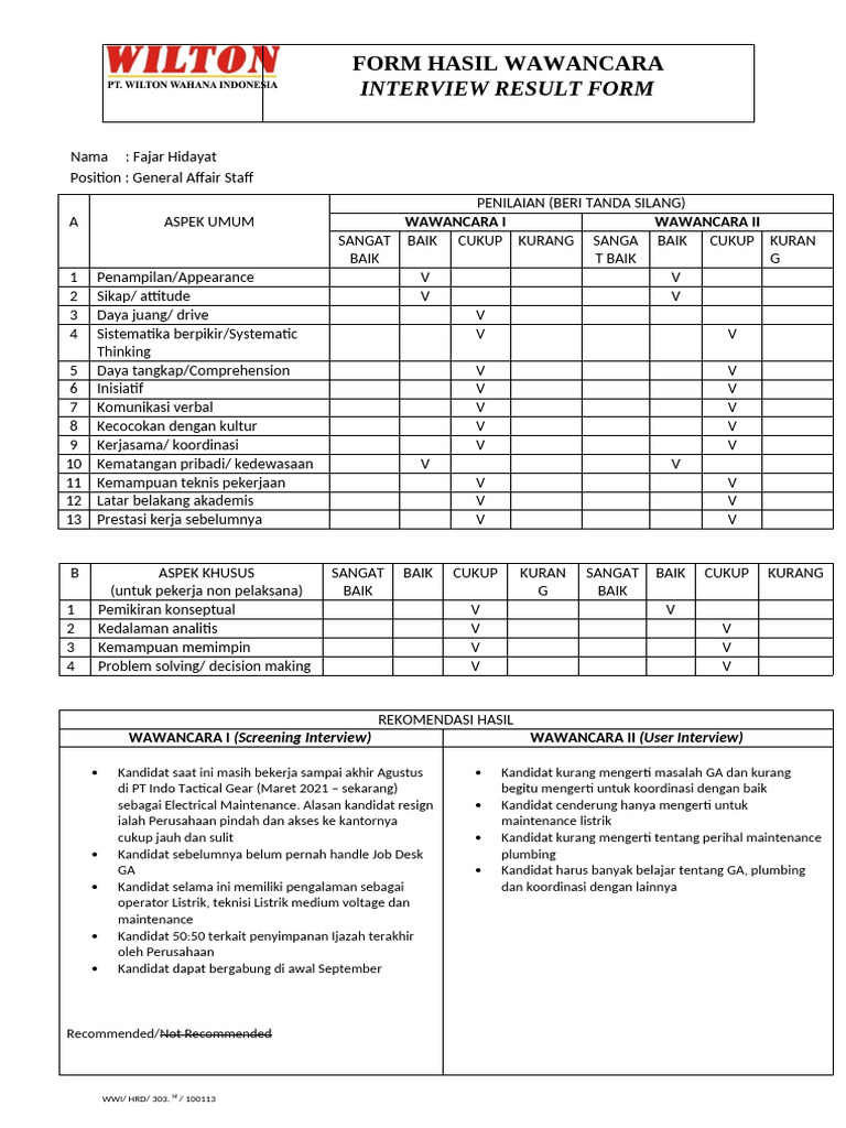 f00 Wwi HRD Form Hasil Wawancara Fajar Hidayat | PDF
