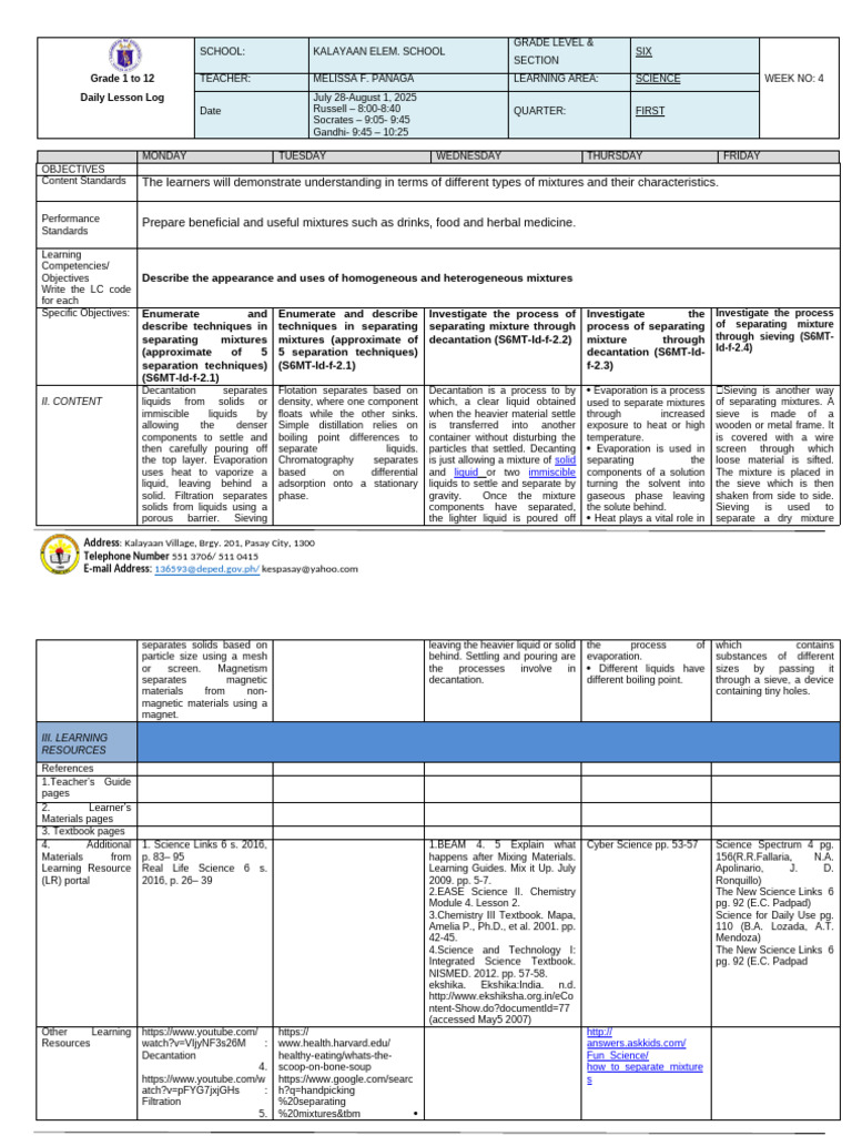 DLL SCIENCE-6 Q1 W4-Formal-Lesson | PDF | Mixture | Phase (Matter)