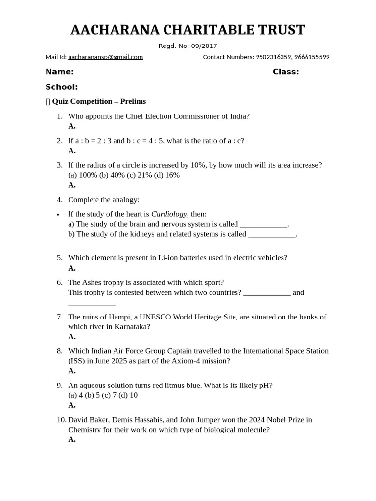 Aacharana Trust Quiz Competition Guide | PDF | Physical Sciences