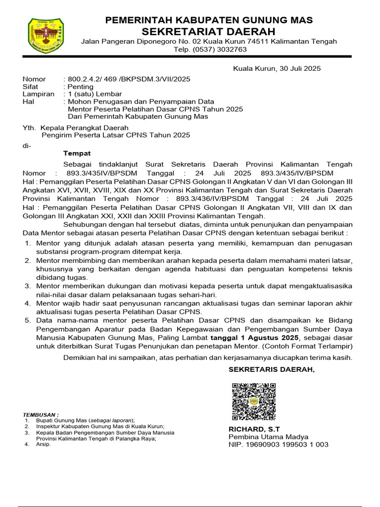Surat Tugas Mentor Latsar CPNS 2025 | PDF