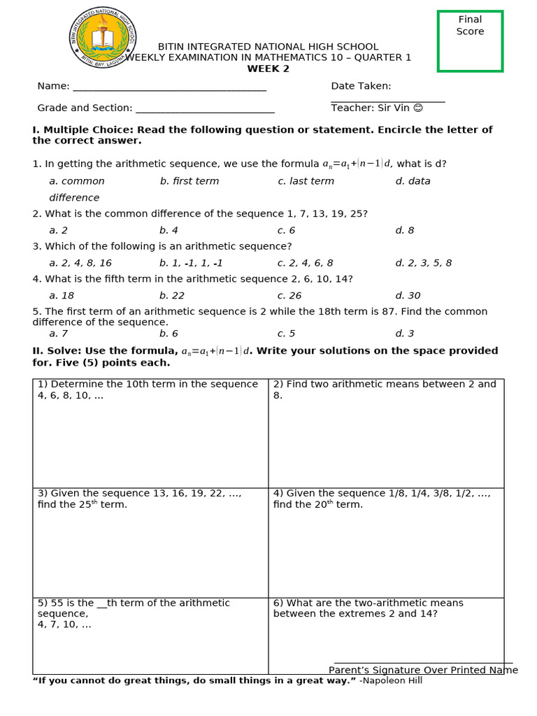 Math 10 Weekly Exam: Arithmetic Sequences | PDF | Mathematics