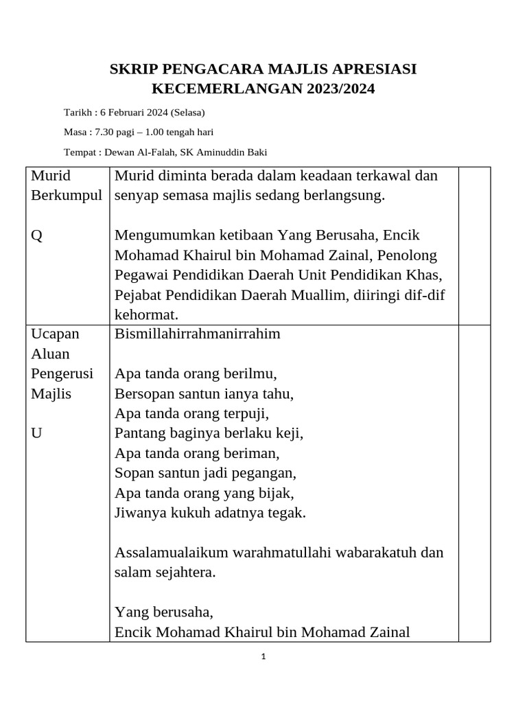 Skrip Pengacara Majlis Anugerah Cemerlang 2023 | PDF