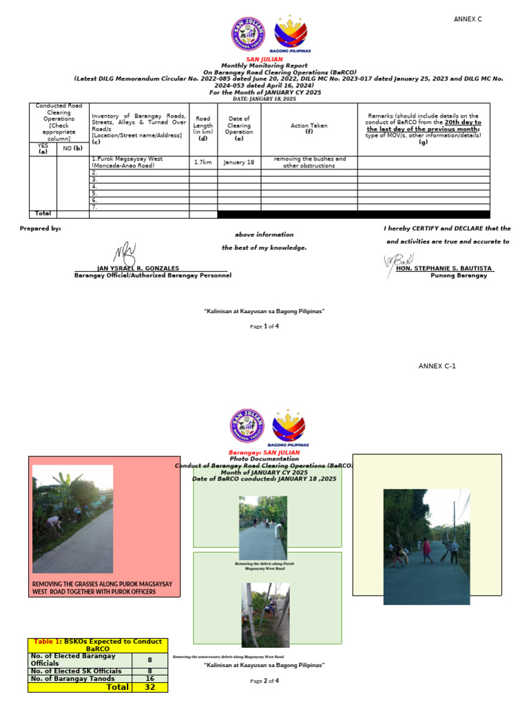 San Julian Barangay Road Clearing Report | PDF