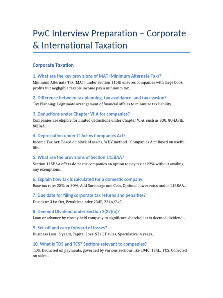 PwC Taxation Interview Guide | PDF | Taxes | Corporate Tax