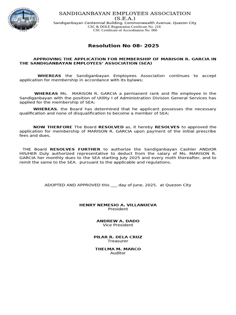 Board-Resolution - Membership Application Approval | PDF | Philippines ...