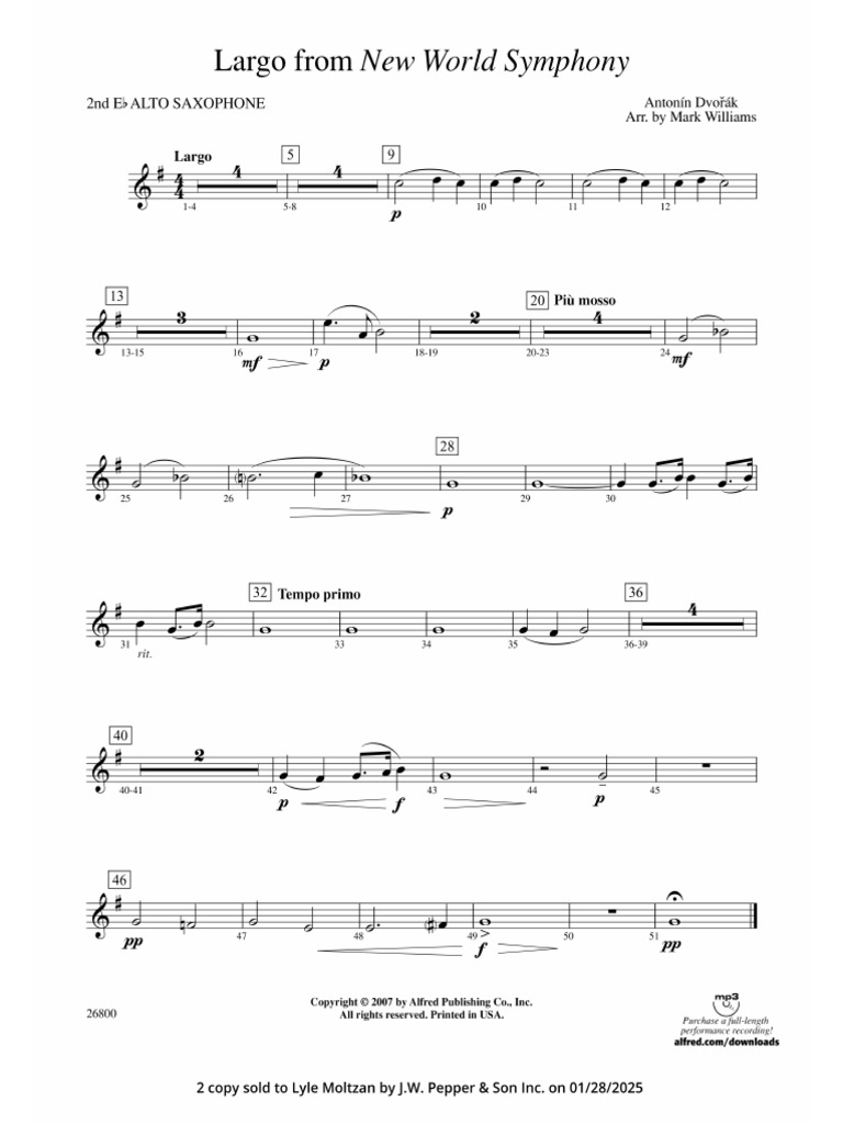 Largo From New World Symphony 2nd E-Flat Alto Saxophone | PDF
