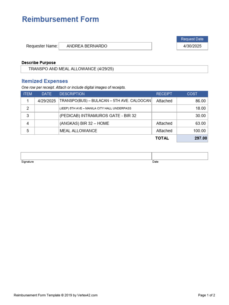 Reimbursement Form With Receipts | PDF