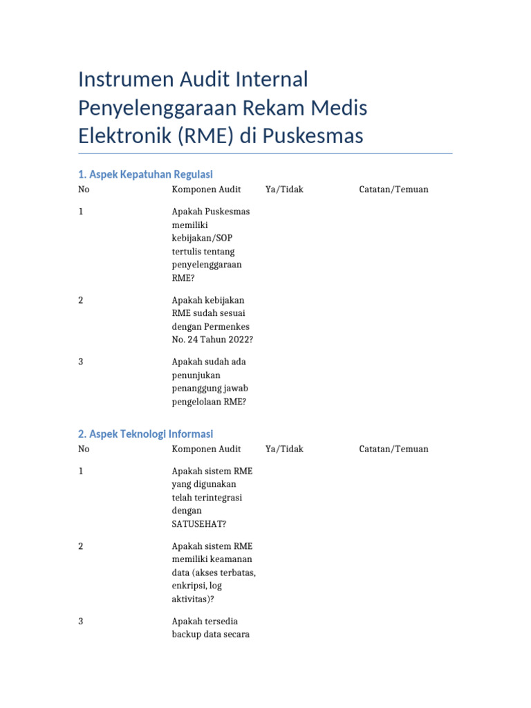 Audit RME di Puskesmas: Kepatuhan dan Teknologi | PDF