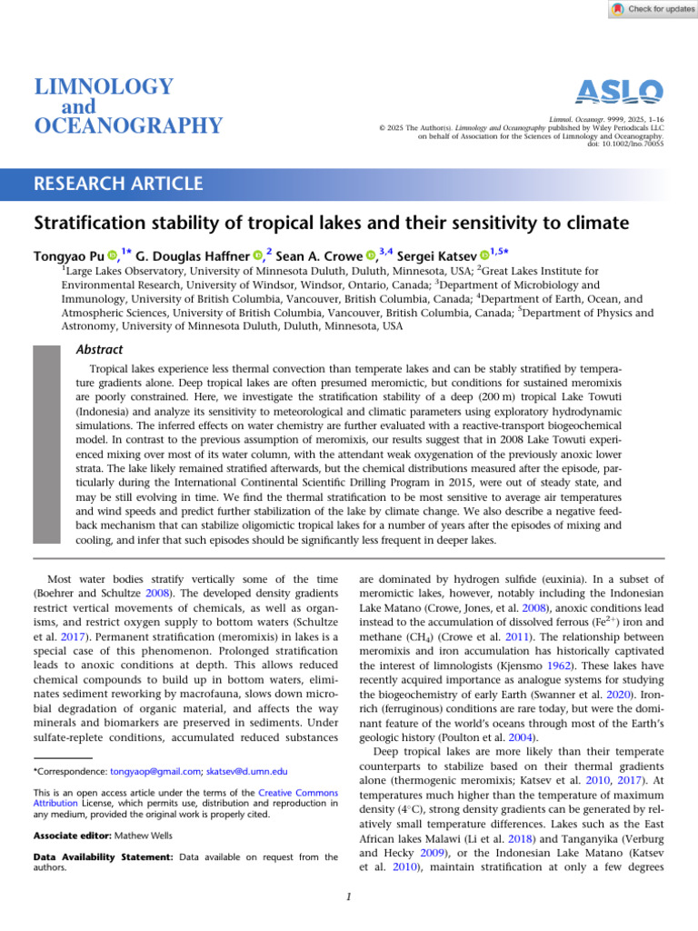 Limnology Oceanography - 2025 - Pu - Stratification Stability of Tropical Lakes and Their ...
