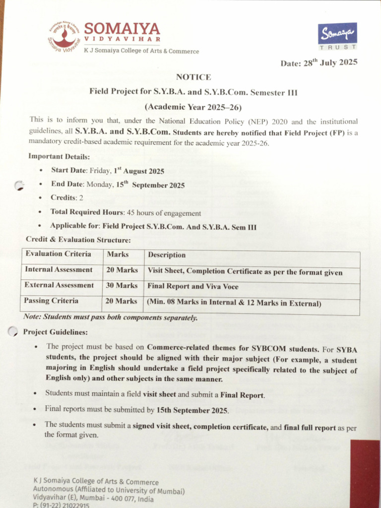 Field Project For Syba and Sybcom Sem III and V 2025-26 30-Jul-2025 11-38-46 | PDF