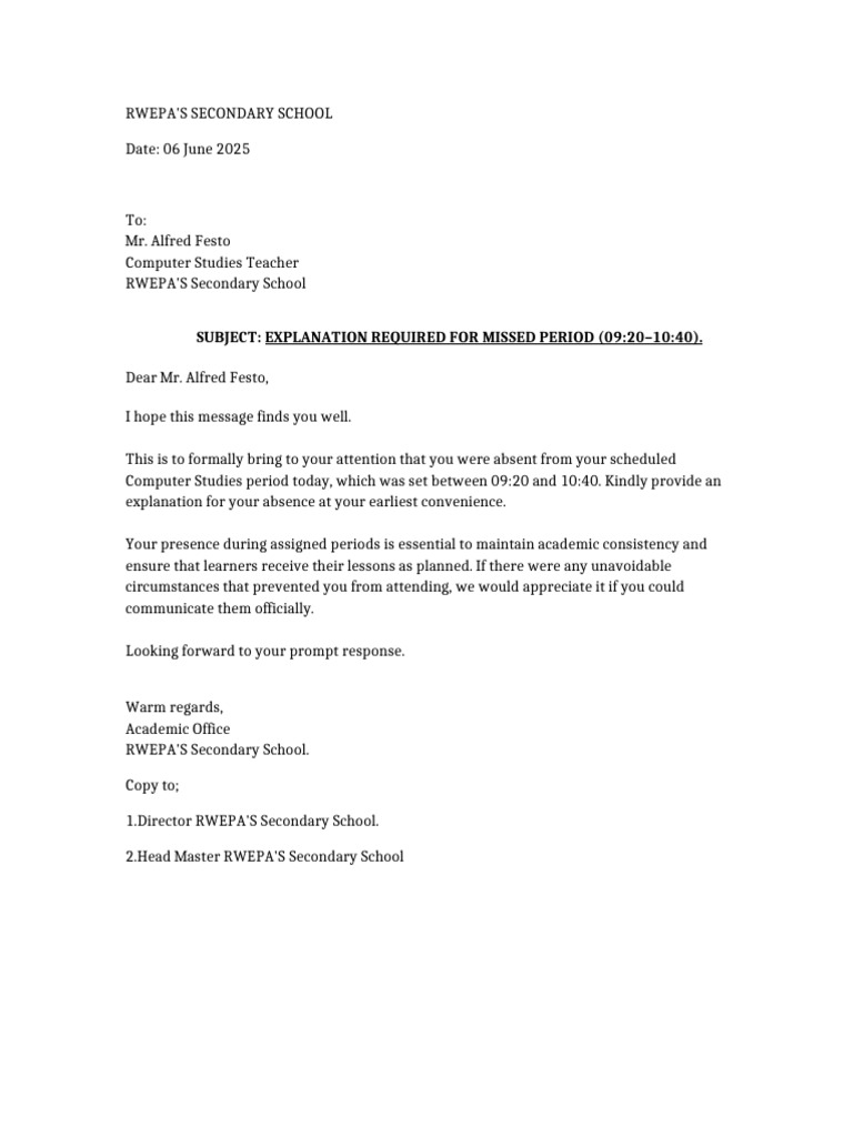 Letter Missed Period Computer Teacher | PDF
