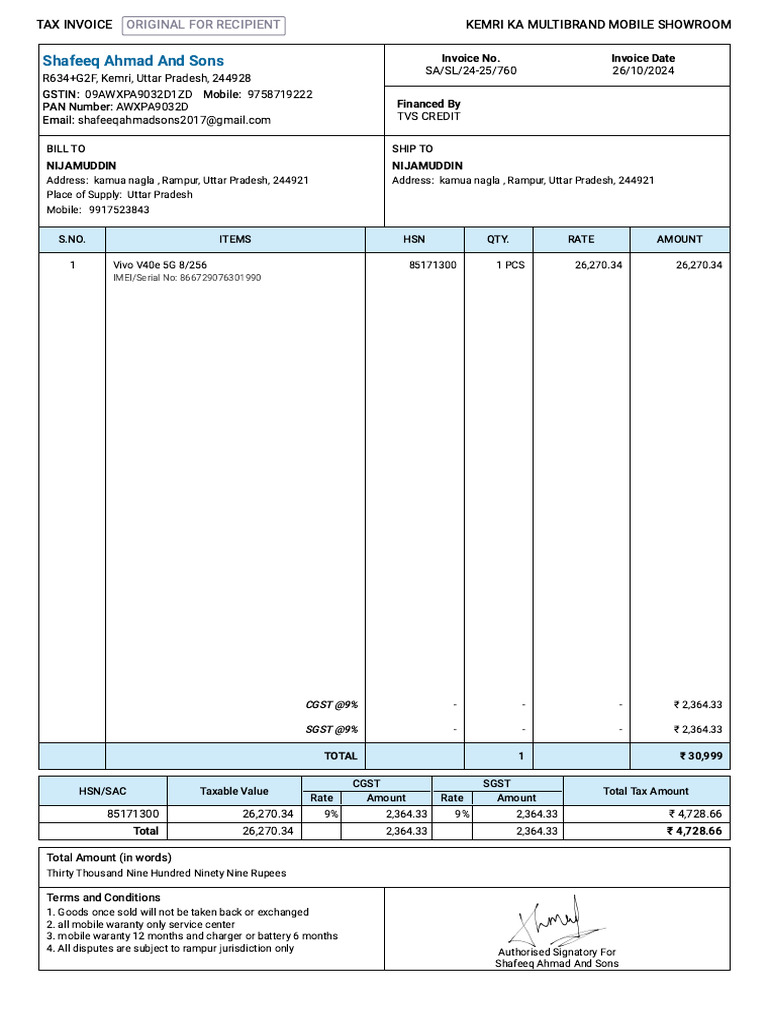 SA SL 24-25-760 Sales Invoice Nijamuddin 1 | PDF | Public Finance ...