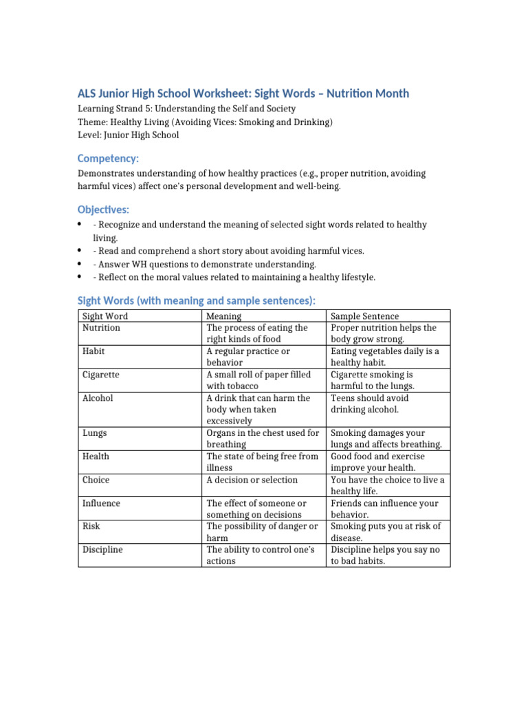 Junior High Health Worksheet: Sight Words | PDF | Smoking | Disciplines