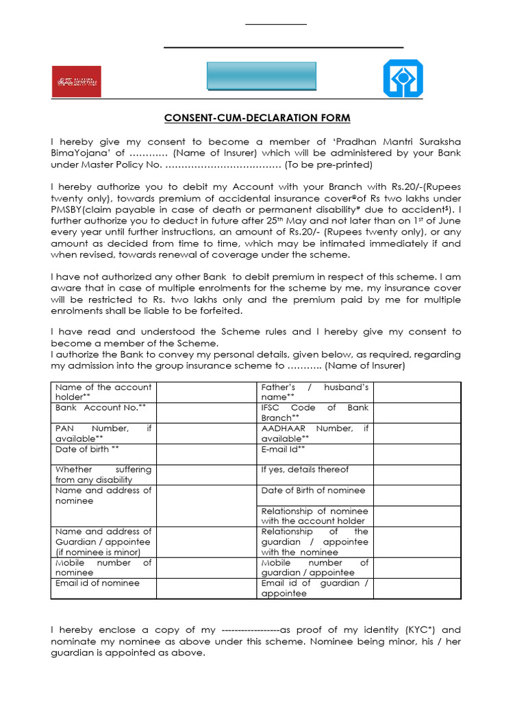 PMSBY Conent Cum Declaration Form Annexure I | PDF | Identity Document