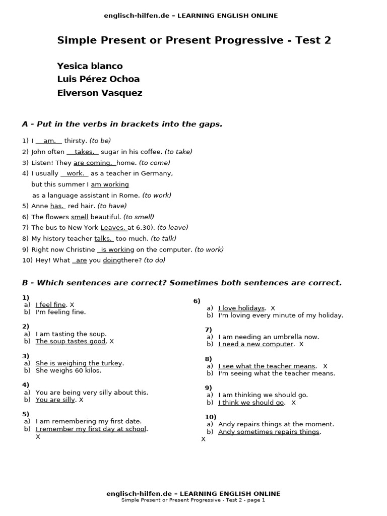 Simple Present vs Present Progressive Test | PDF | Linguistics | Syntax