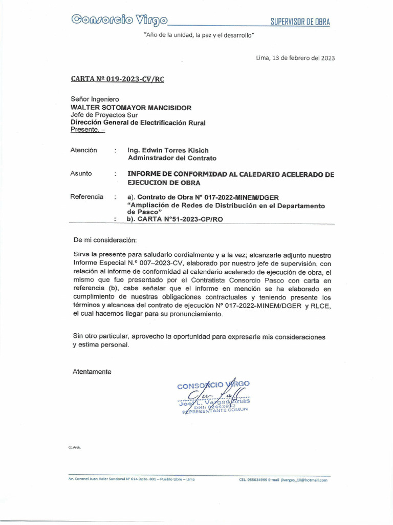 Inf. Especial-007-2023-Cv-conformidad Del Calendario Acelerado de Obra - 0001 | PDF