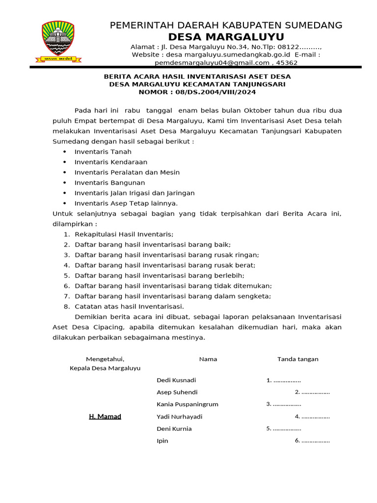Hasil Inventarisasi Aset Desa Margaluyu | PDF