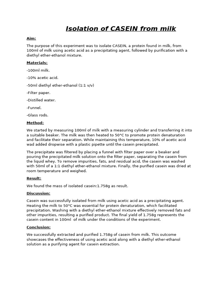 Casein Isolation from Milk Experiment | PDF